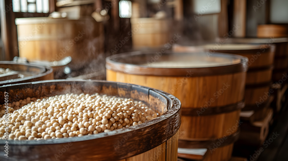 A traditional Japanese miso fermentation setup with large wooden ...