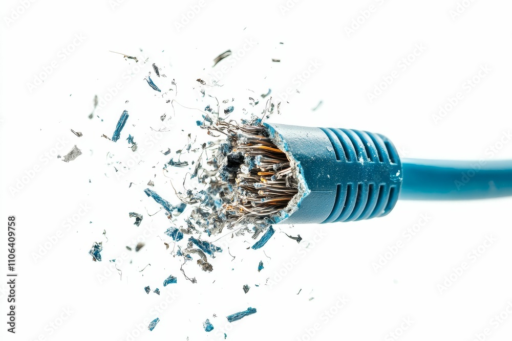 Exploded connector, wires, debris, blue casing, white background. Stock ...