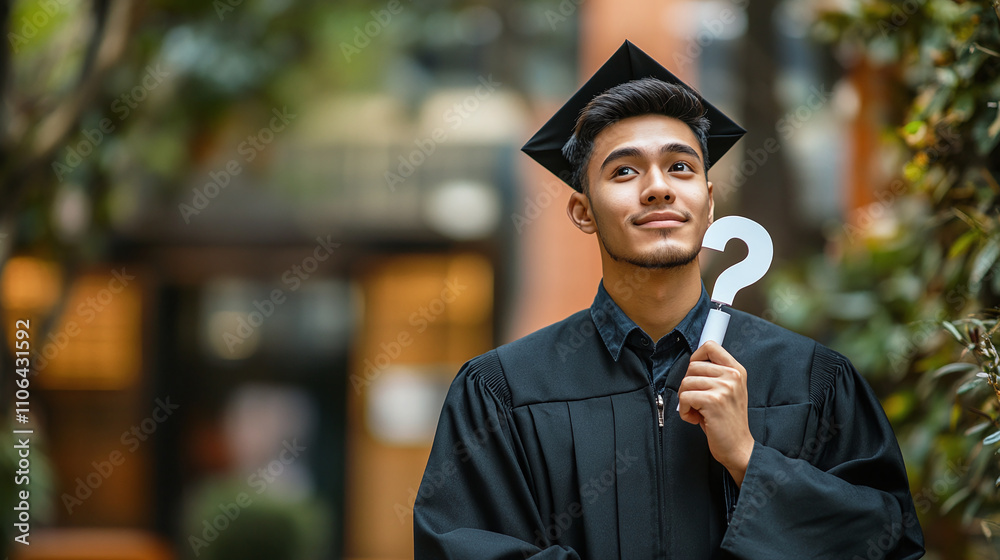 Male college university graduate student in a black graduation gown ...