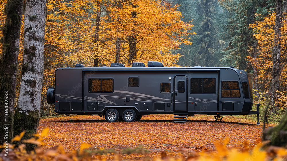 Travel trailer parked in forest wilderness nature in autumn or fall ...