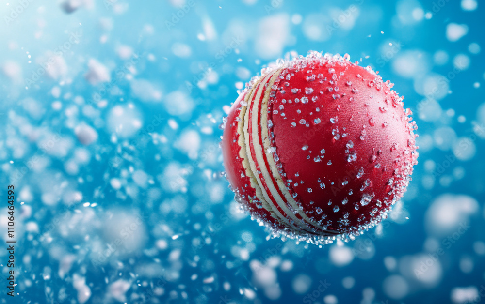 Frozen Cricket Ball in Motion, Vibrant Red and Water Drops, Stunning ...