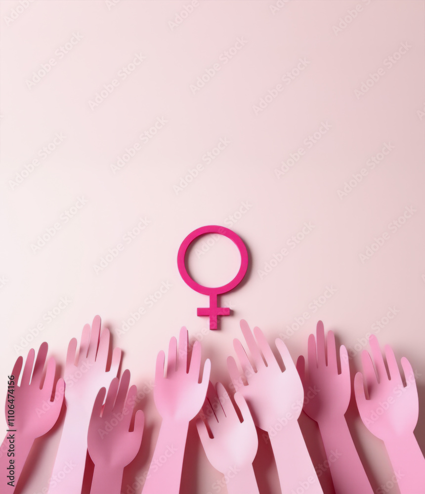 group of paper cut hands and female gender symbol , women rights and ...