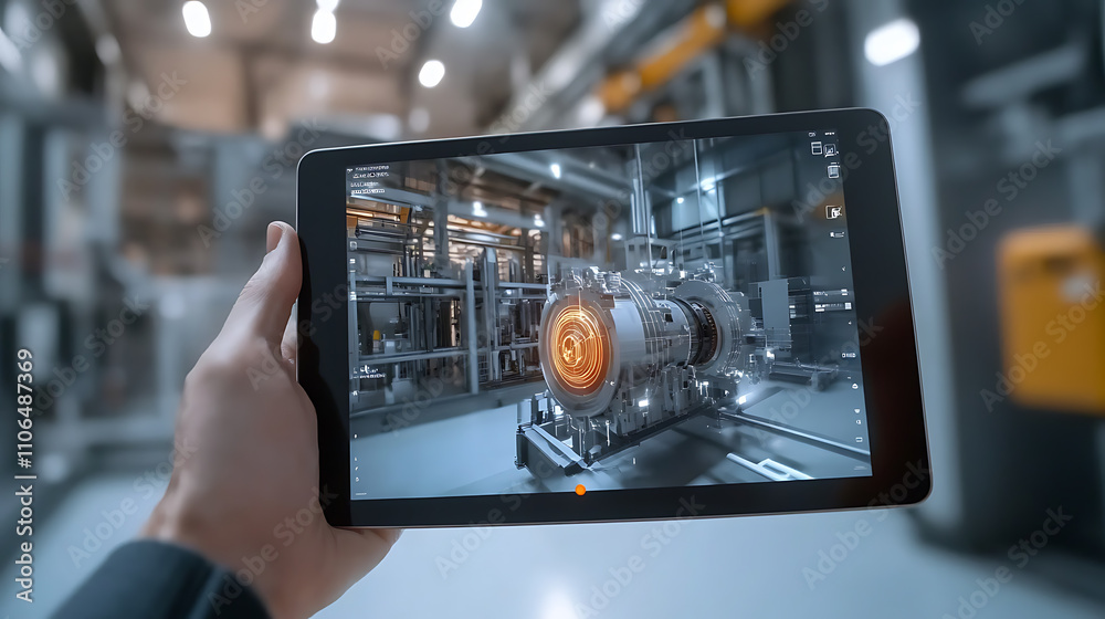 In the realm of Industry 4, 0 and augmented reality, a hand holds a ...