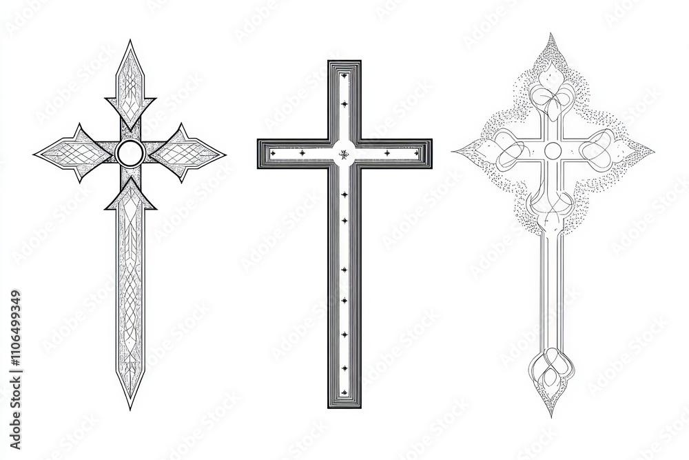 An outline-style design of Christian crosses, hand-drawn cross, a ...