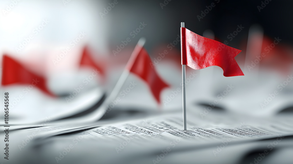 Concept of fraud warning. Small red flags are placed on a textured ...