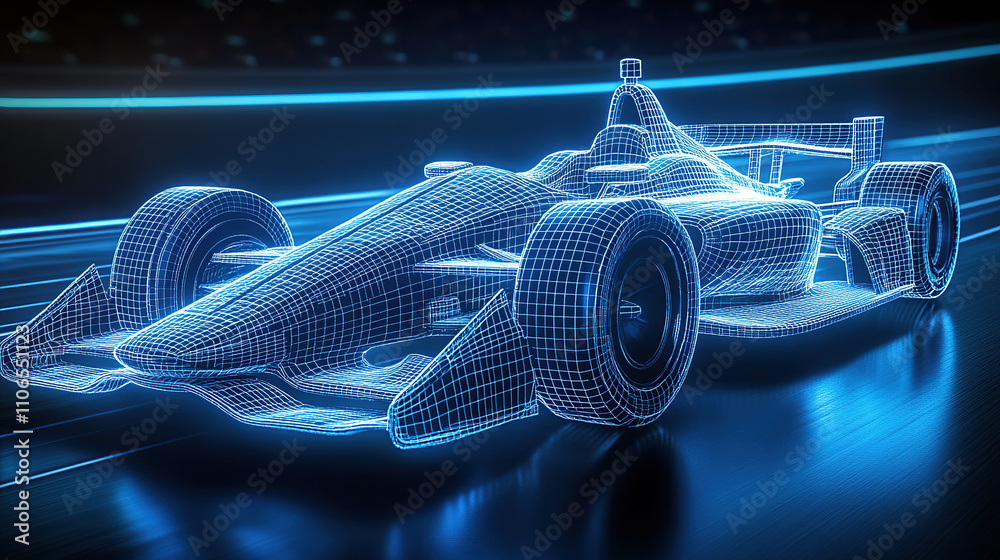 A wireframe hologram of an Indy car on the track, glowing blue lights ...