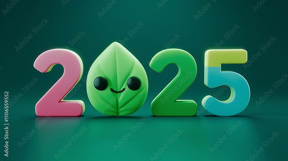 2025 greeting card concept with a cute, green leaf Happy New Year 2025 ...