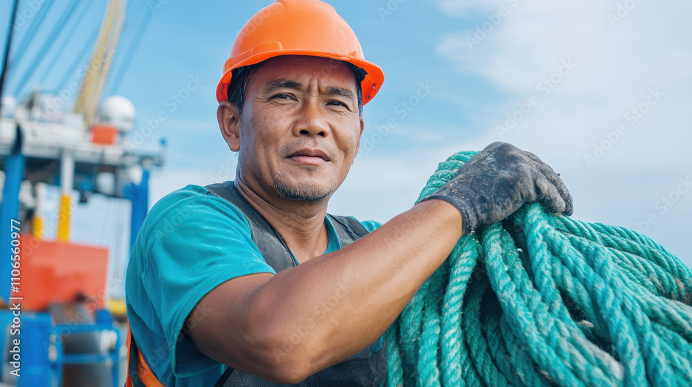 Dock worker securing cargo with thick ropes on sunny day. worker wears ...