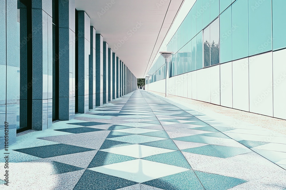 Architectural corridor showcasing geometric patterns and reflections in ...
