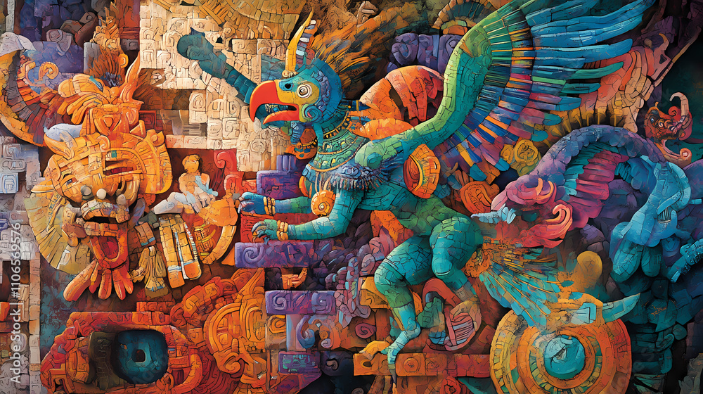 Vibrant mayan murals adorn the ancient temple walls, depicting ...