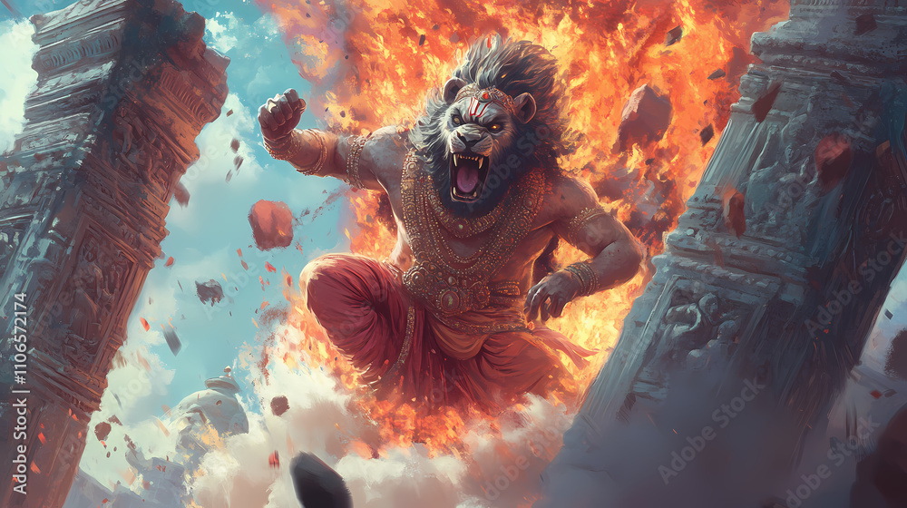 Narasimha, vishnu s halflion avatar, depicted midroar, bursting out of ...