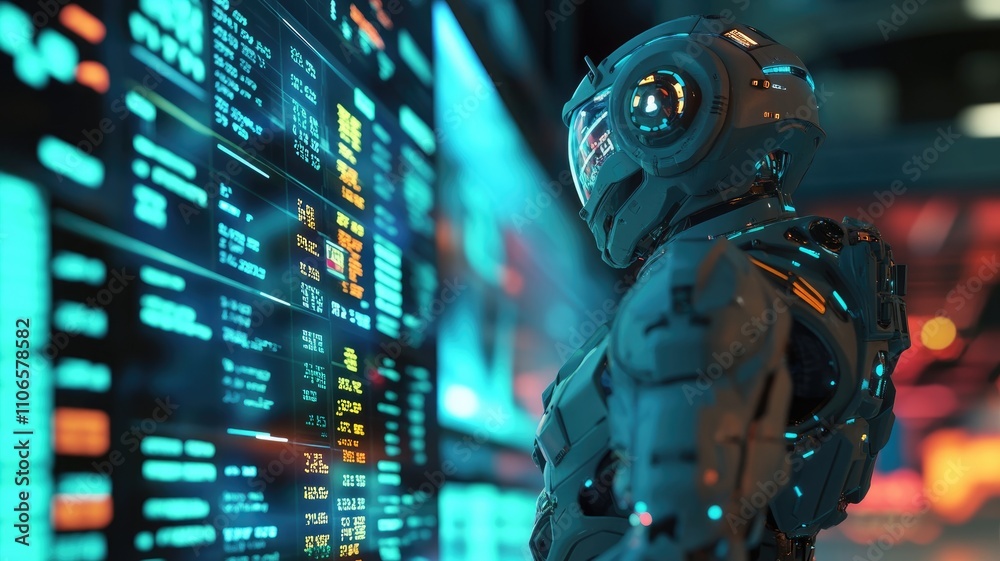 A humanoid robot is looking at the stock market screen with numbers ...