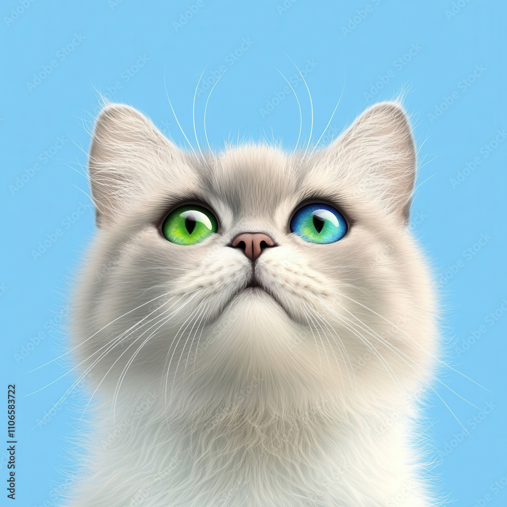 Cute grey cat with one green eye and one blue eye against blue ...