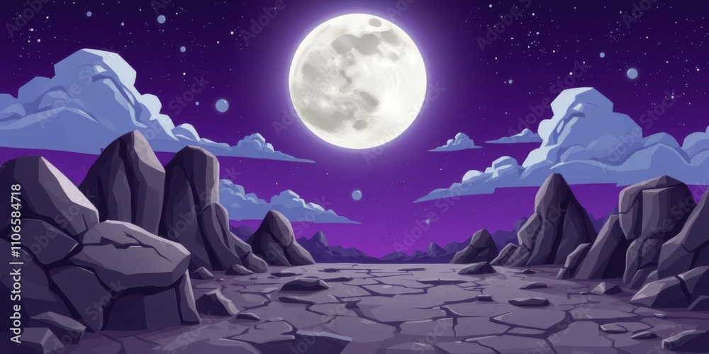 Alien planet with craters and cracks on purple galaxy sky background ...