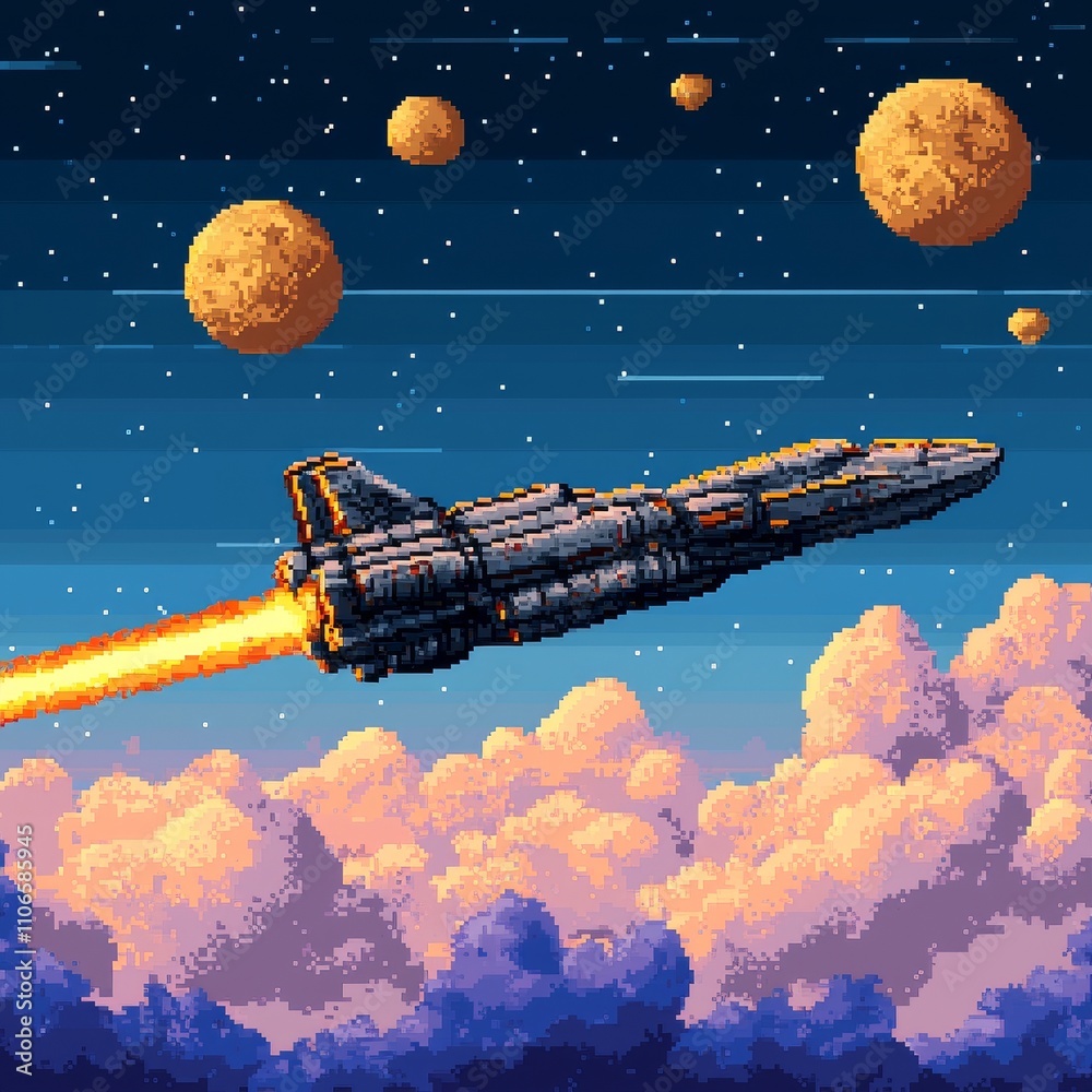 Dynamic pixel art scene of a spaceship in flight among distant stars ...