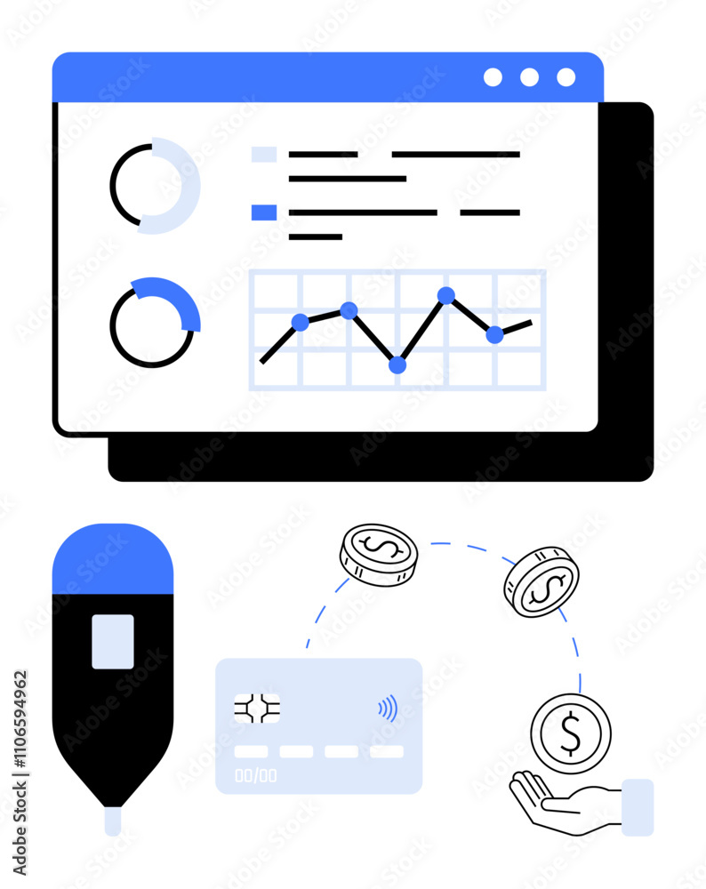Financial monitoring dashboard with charts and a graph, credit card ...