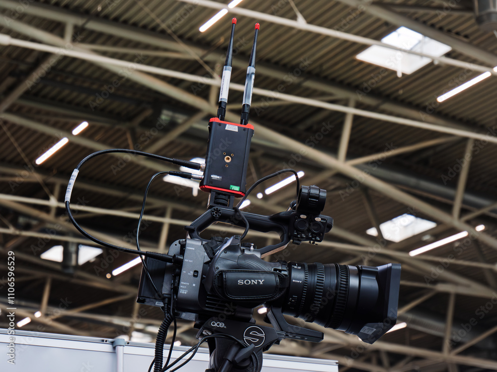 Professional Sony Video Camera Setup with Wireless Transmitter Stock ...