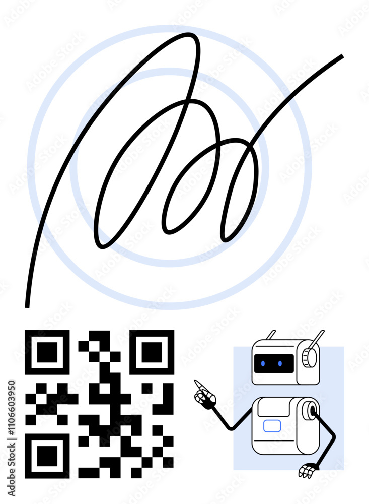 Abstract line art QR code, and friendly robot. Ideal for technology, automation, AI, coding, QR ...