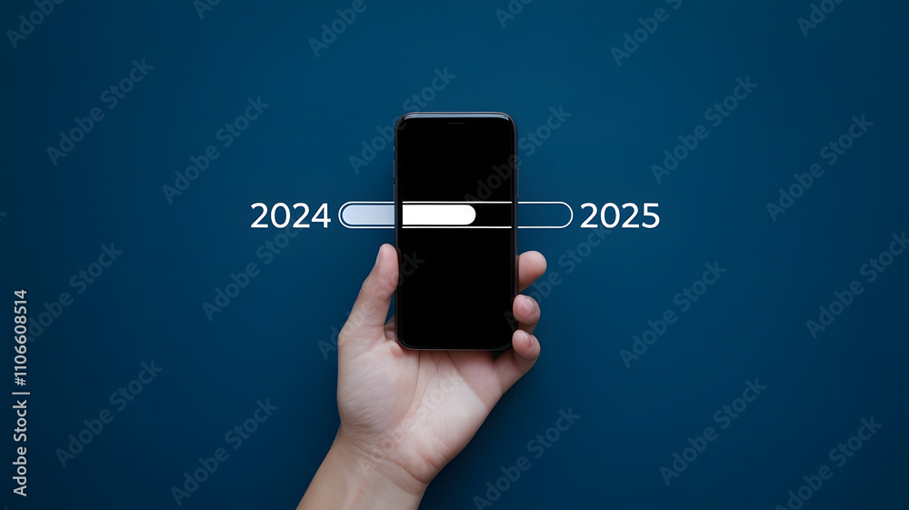 New Year 2025, phone, smartphone, hand, blue screen, 2025, progress bar ...