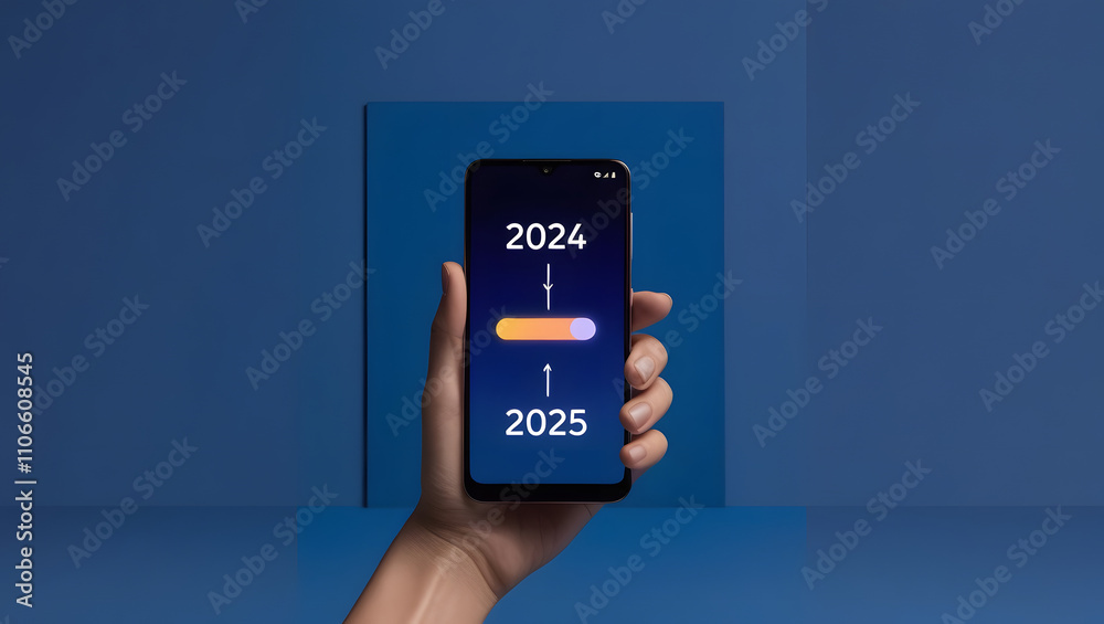 New Year 2025, phone, smartphone, hand, blue screen, 2025, progress bar ...