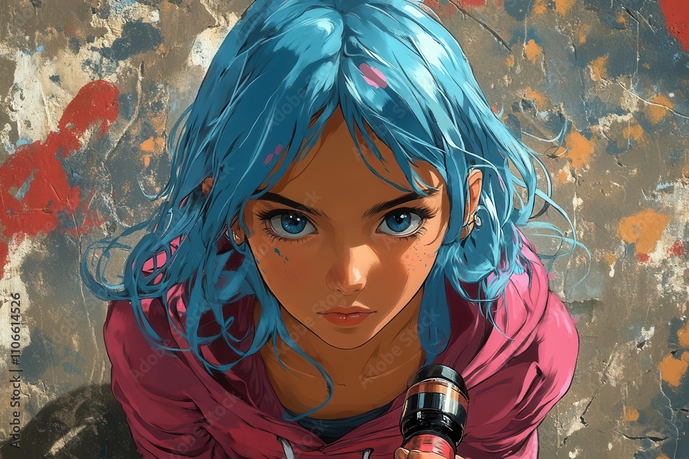 anime girl depicted as a cool graffiti artist, spray can in hand ...