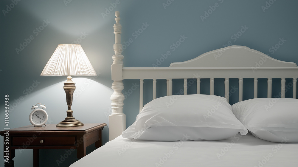 Serene bedroom with cozy bed, soft pillows, and dim lighting ...