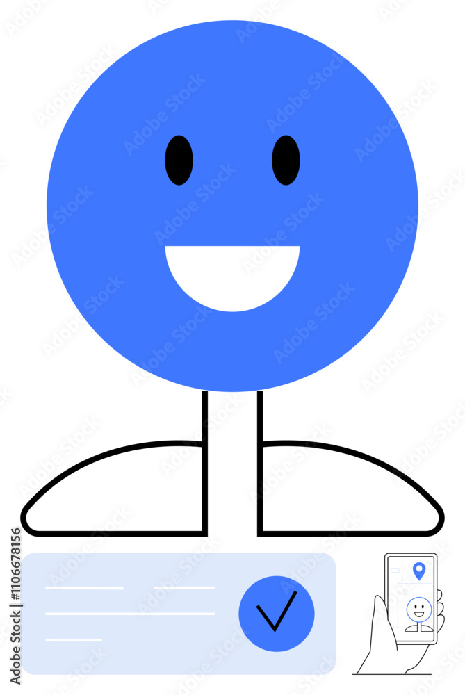 Smiling blue avatar head with verification check mark, holding ...