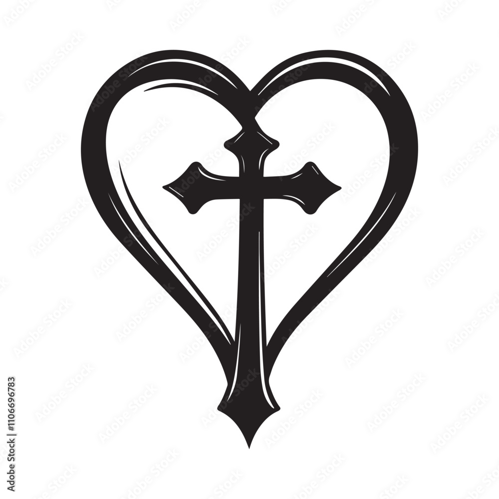 Christian cross inside the heart black and white religious cross stock ...