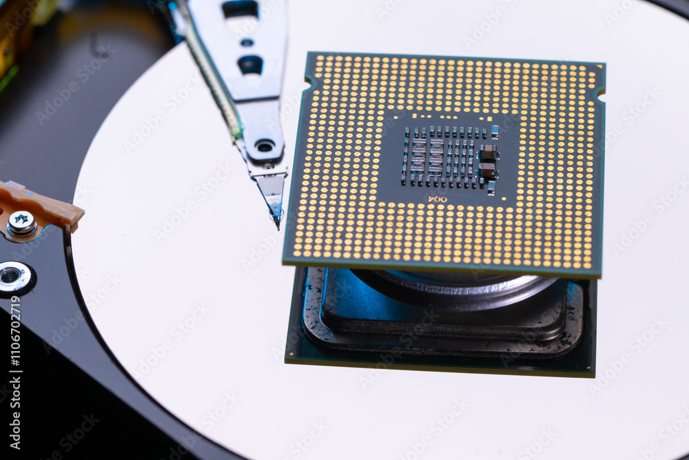 A detailed image of a CPU installed on a computer motherboard ...