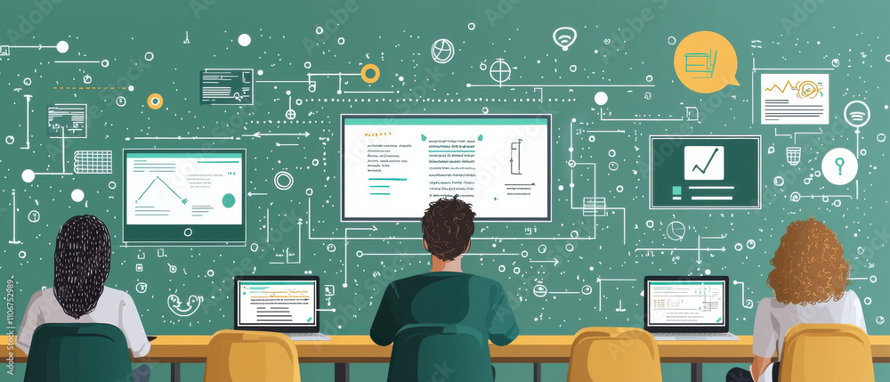 Online learning concept showcasing students engaged with digital tools ...