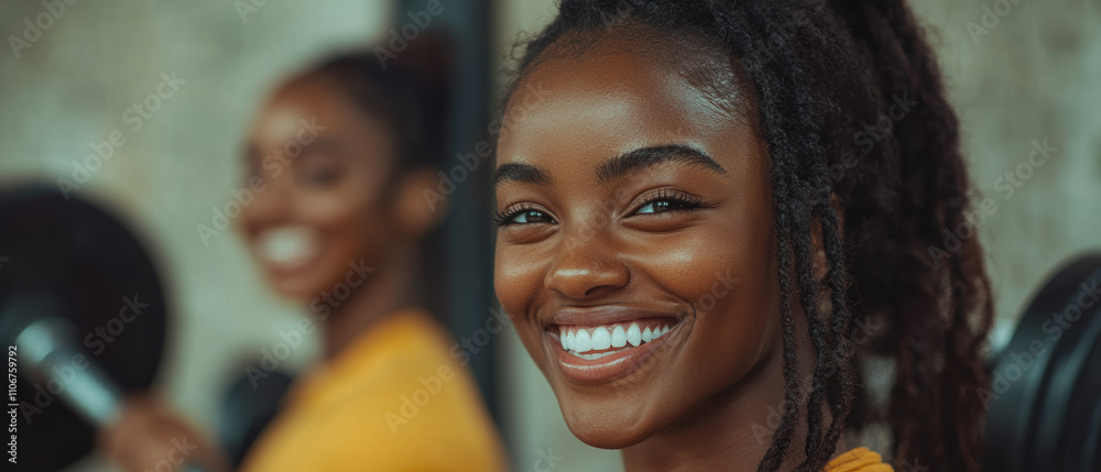 Black woman laughing and lifting weights with a friend, A smiling ...