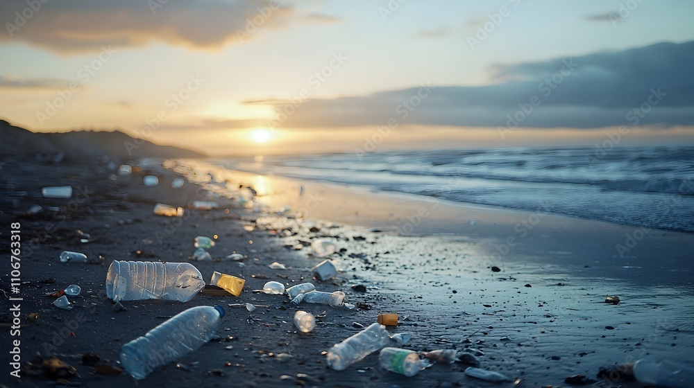 Scattered plastic waste and debris covering a coastal beach ...