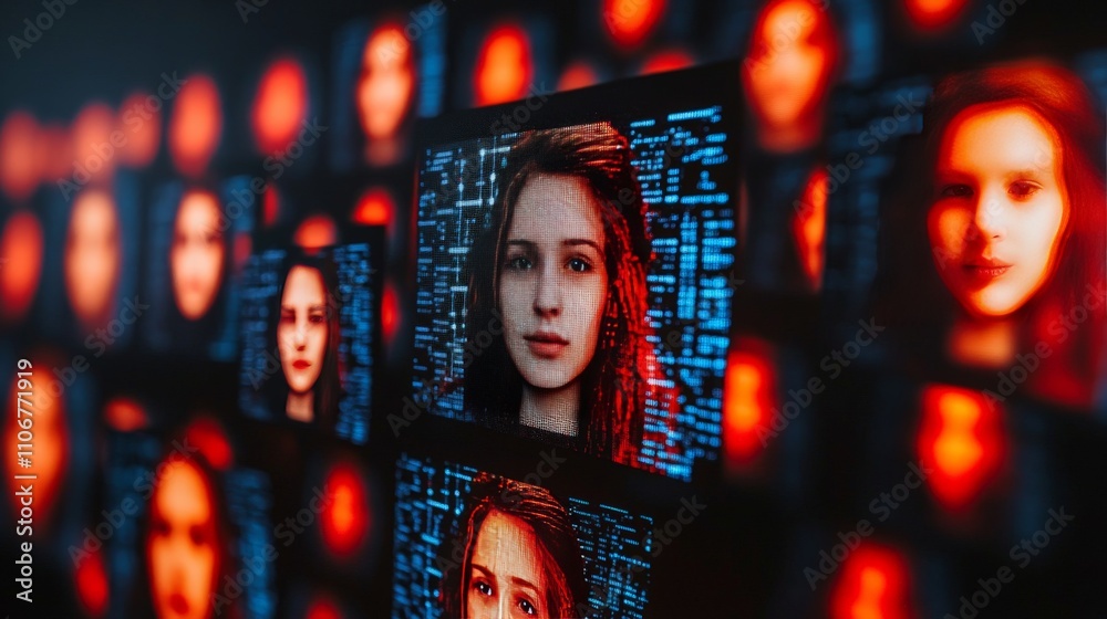 Advanced facial recognition technology with red highlighted digital ...