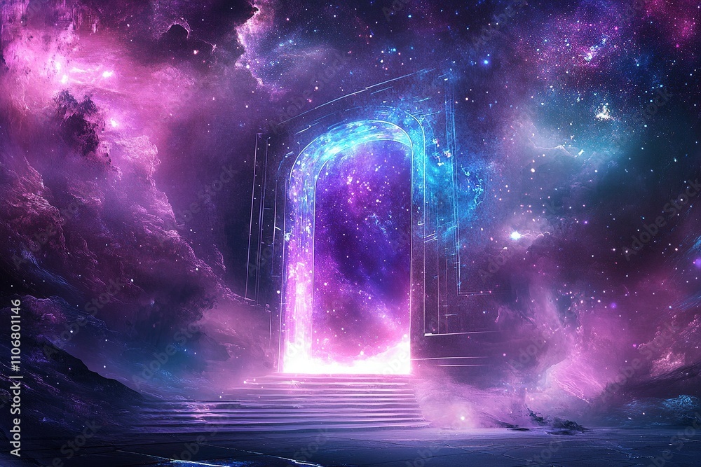 Interdimensional doorway with 2D glowing outlines and 3D floating ...