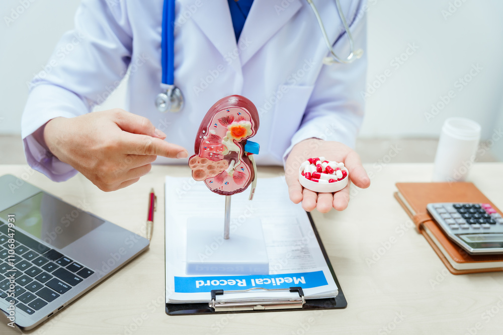 A male doctor sits at a desk in a hospital, explaining kidney models ...