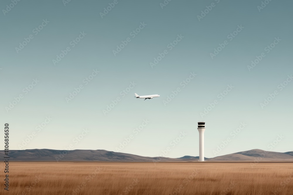 air traffic control tower, airplane soaring with airport air traffic ...