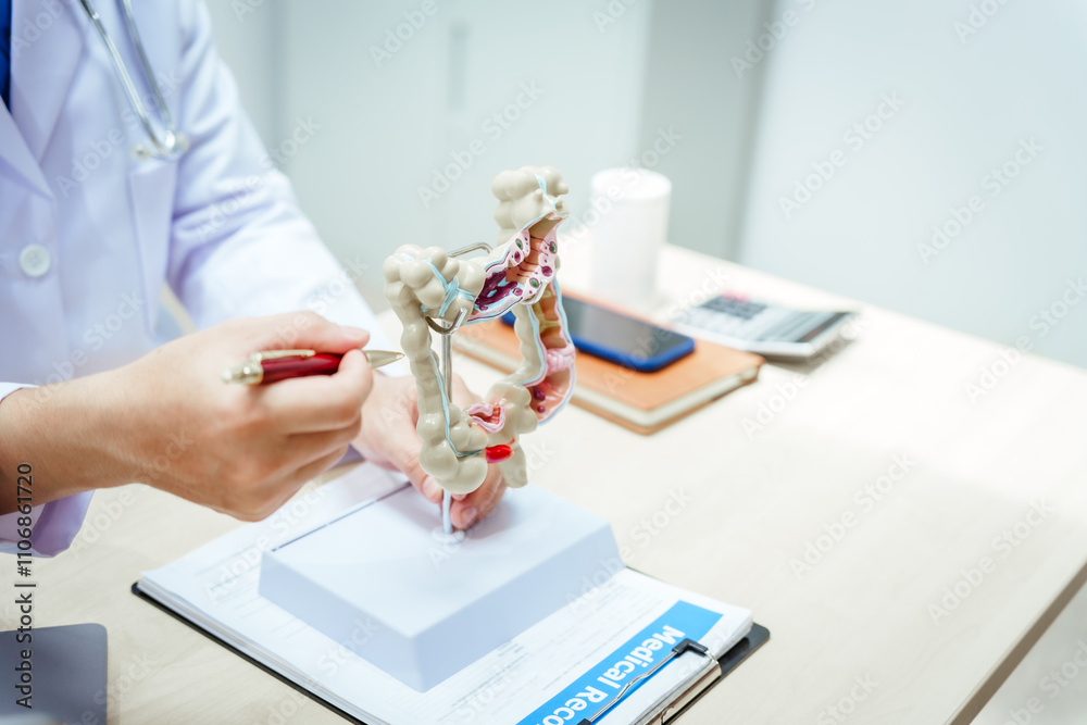 A male doctor wearing glasses sits at a desk, explaining an intestinal ...