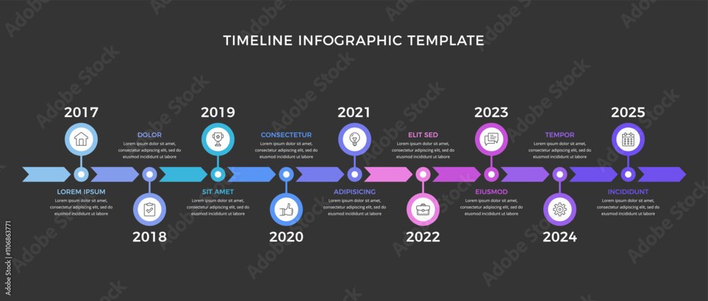 Long horizontal timeline infographic template with nine arrows, dark ...