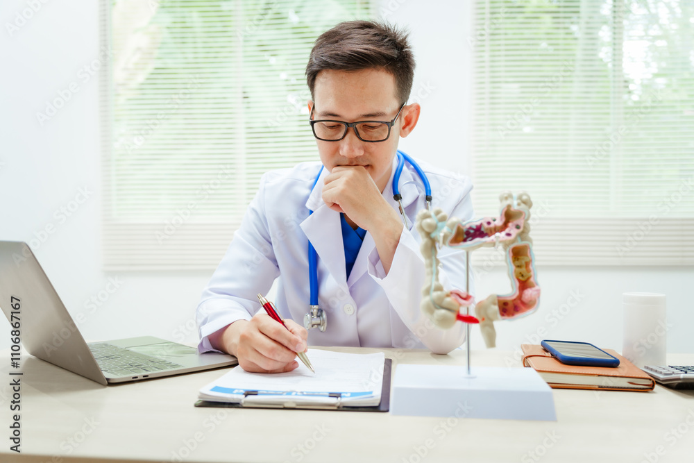 A male doctor wearing glasses sits at a desk, explaining an intestinal ...