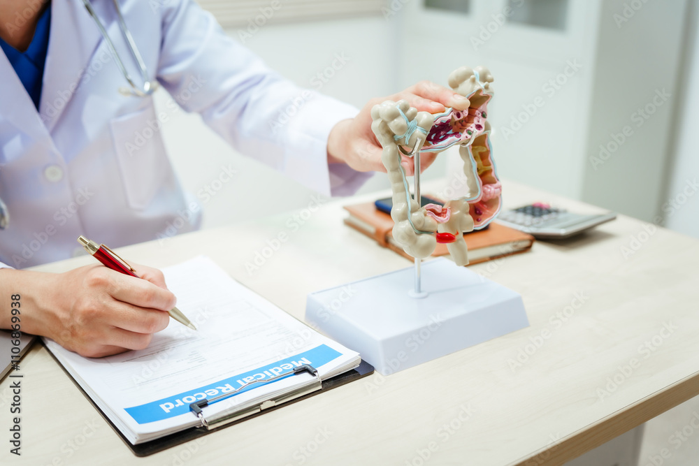 A male doctor wearing glasses sits at a desk, explaining an intestinal ...