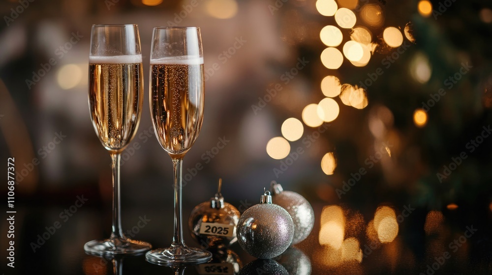 cheers to happy new year 2025 with two champagne flutes and sparkling ...