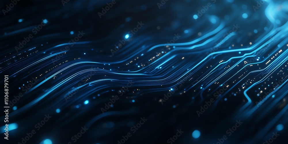 Minimalist tech design with glowing blue circuits flowing in curved ...