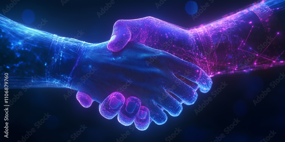 Firm handshake depicted with digital glowing lines, symbolizing ...