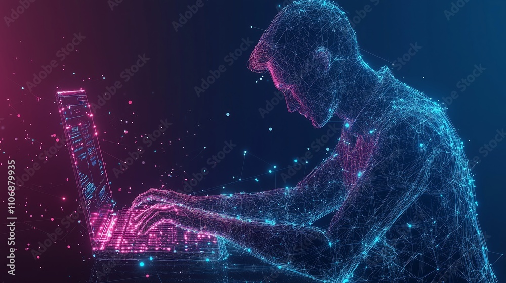 Man Typing Mid-Motion on a Transparent Virtual Keyboard, Surrounded by ...