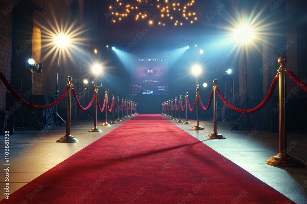 An empty red carpet scene featuring a backdrop of film studio logos ...