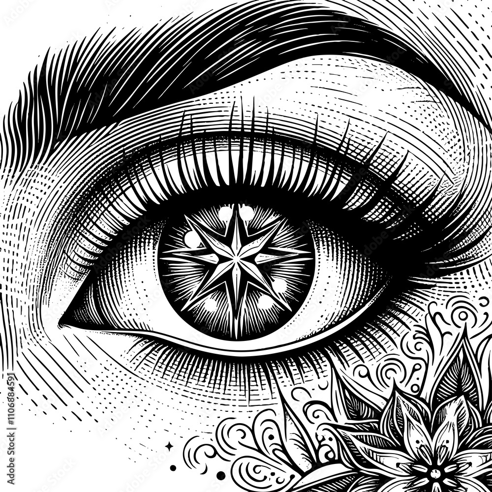 stylized eye, featuring intricate star and floral patterns within the ...