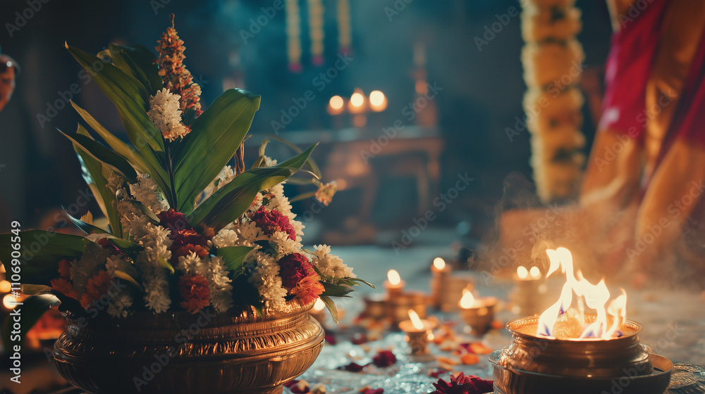 Tulsi Vivah ritual in India with bride and groom wearing traditional ...