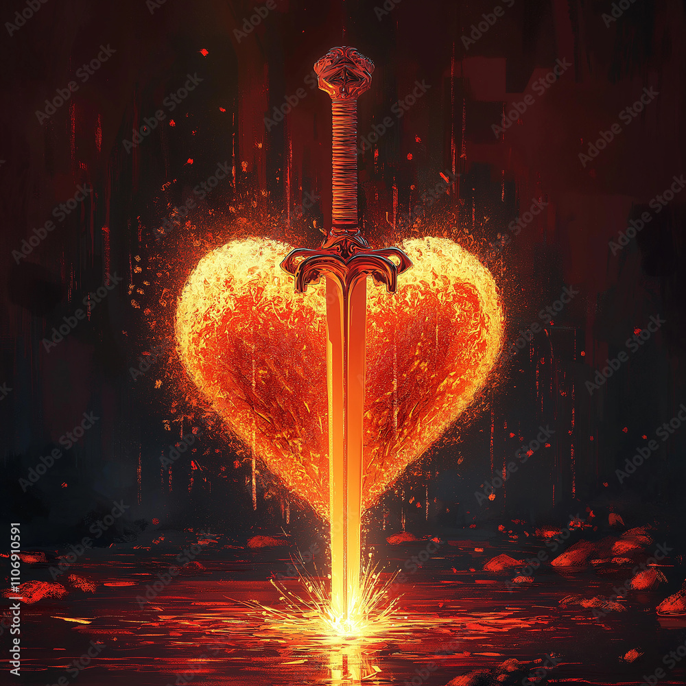 Pixel sword piercing through a glowing heart, with sparks flying out ...