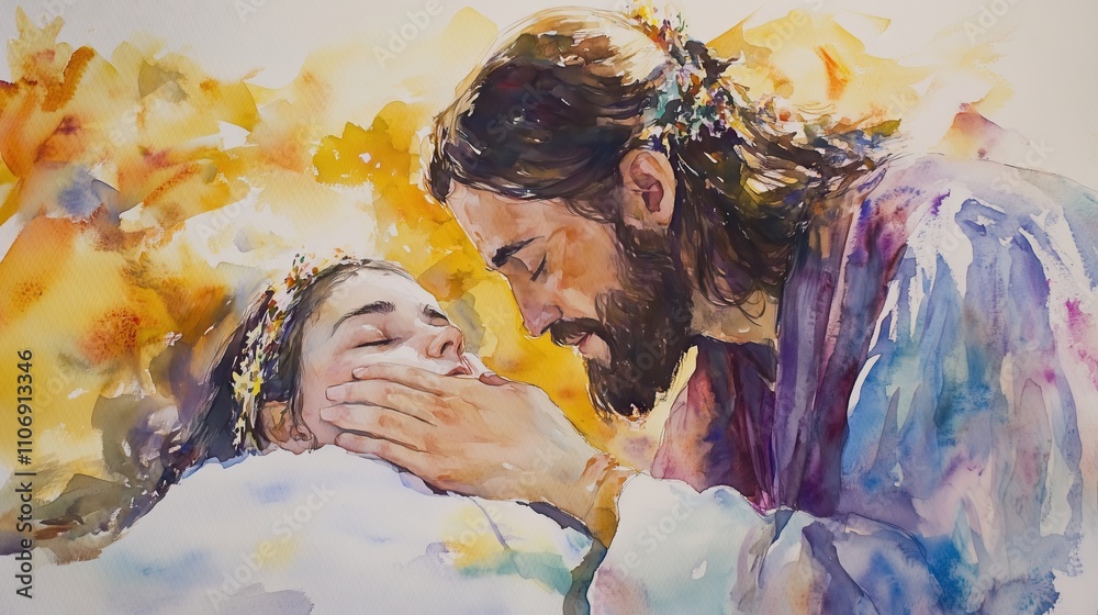 Jesus Christ holding a sick and in pain little girl in his arms and ...