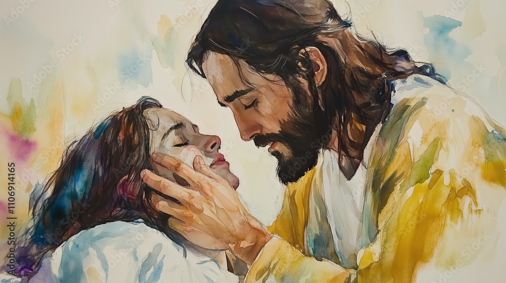 Jesus Christ holding a sick and in pain little girl in his arms and ...